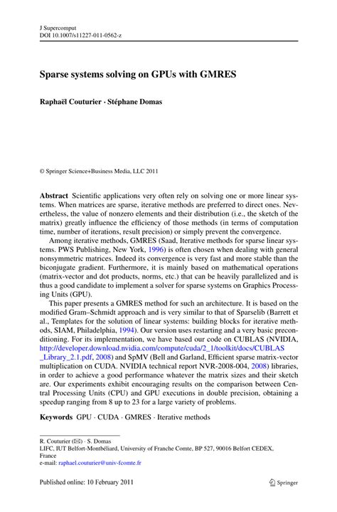 Pdf Sparse Systems Solving On Gpus With Gmres