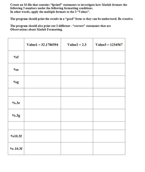 Create An M File That Contains F̈printfs̈tatements To Investigate How Matlab Formats The