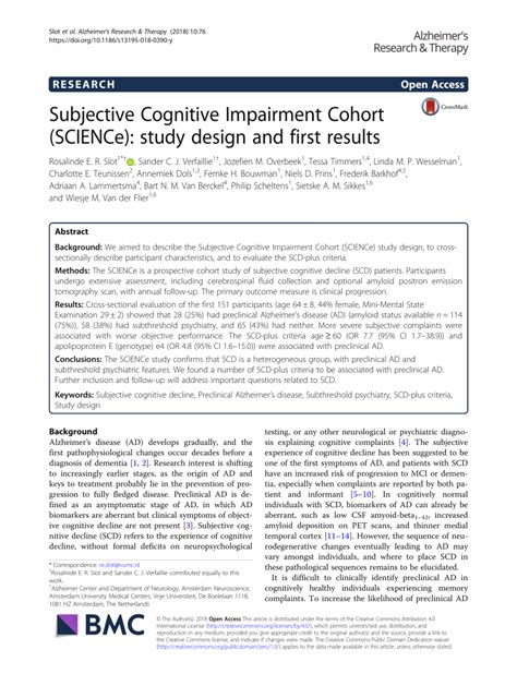 Pdf Subjective Cognitive Impairment Cohort Science Study Design