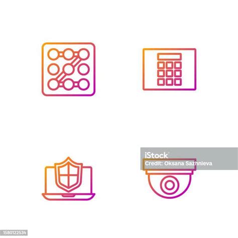 라인 보안 카메라 방패로 보호되는 노트북 그래픽 암호 보호 및 암호를 설정하십시오 그라데이션 색상 아이콘입니다 벡터 감시에 대한 스톡 벡터 아트 및 기타 이미지 Istock