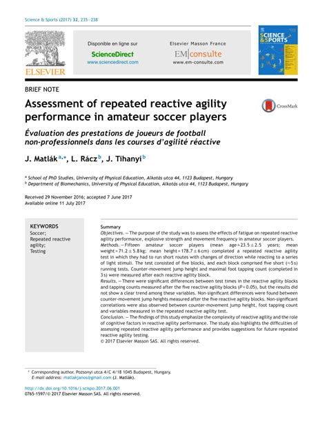 Pdf Assessment Of Repeated Reactive Agility Performance In Amateur Soccer Players