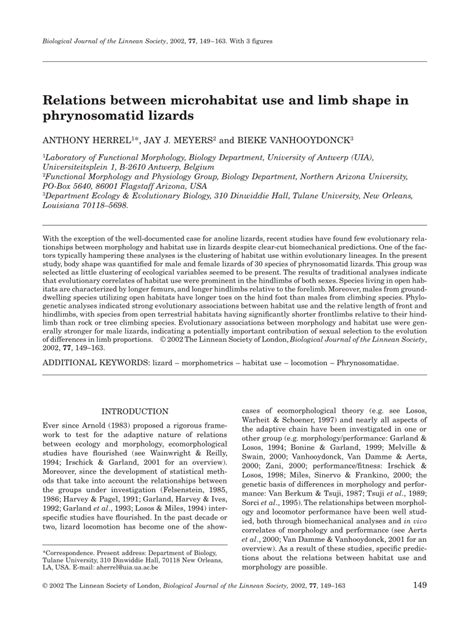 Pdf Relations Between Microhabitat Use And Limb Shape In