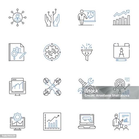 컨텐츠 생성 라인 아이콘 컬렉션입니다 창의성 영감 글쓰기 디자인 블로깅 편집 마케팅 벡터 및 선형 일러스트레이션 연구 전략 협업 개요 표지판 세트 개선에 대한 스톡 벡터