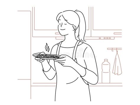 Mulher Feliz Cheira Comida Na Cozinha Ilustra O Do Vetor Ilustra O De Avental Conceito