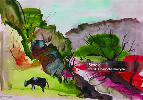 그림 그림 수채화 풍경 산 경사면 잔디 나무 목초지 방목 소를 하늘에 대고 마을에 대한 스톡 벡터 아트 및 기타 이미지 마을 모형 가을 Istock