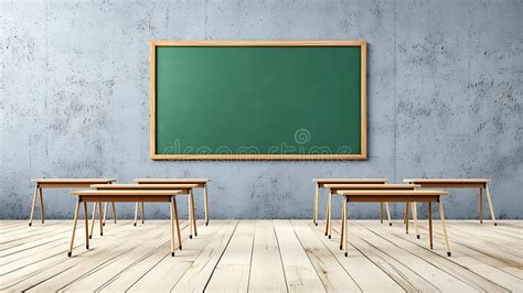 Classroom Setting With Desks And Chalkboard Stock Illustration
