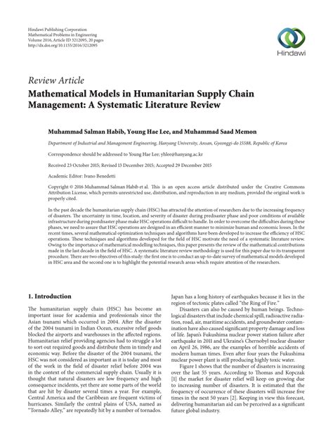 Pdf Mathematical Models In Humanitarian Supply Chain Management A