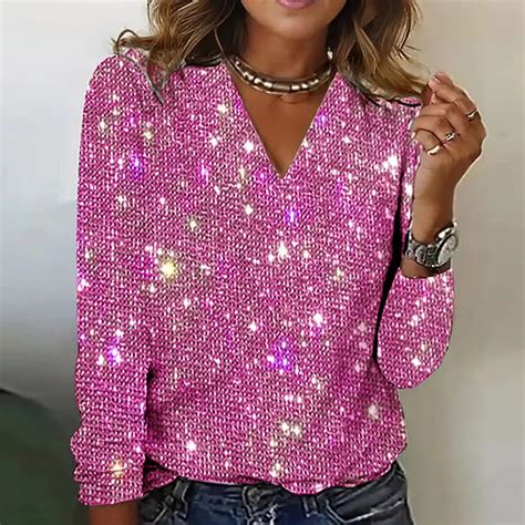 Dyfzdhu Sequin Tops For Women Elegant Trendy V Neck Sparkly Casual