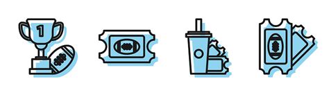 마시는 빨대 수상 컵과 미식 축구 공 미식 축구 티켓과 미식 축구 티켓 아이콘 라인 미식 축구 티켓과 종이 유리 소다를 설정합니다 벡터 Championship에 대한 스톡