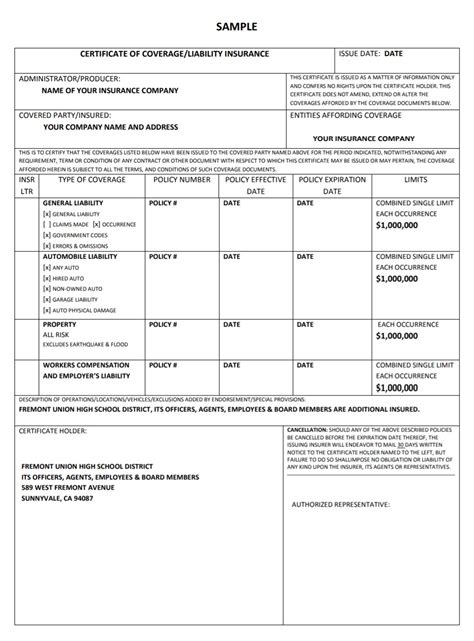 Certificate Of Liability Insurance Template Free Word Templates