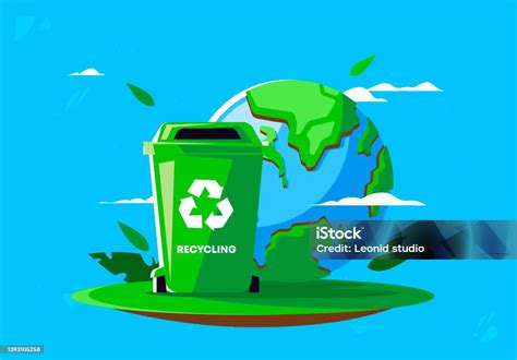 행성 지구 환경 보호 쓰레기 분류와 녹색 잎의 배경에 쓰레기통의 벡터 일러스트 레이 션 쓰레기통에 대한 스톡 벡터 아트 및 기타 이미지 쓰레기통 녹색 땅 Istock