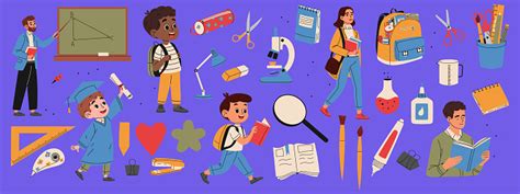 학용품 세트입니다 교사 대학원생 학생 고등학생 배낭 단추 책 가위 펜 마커 램프 현미경 손으로 그린 그림입니다 가방에 대한 스톡 벡터 아트 및 기타 이미지 Istock