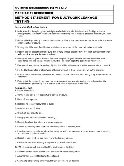 Method Statement For Ductwork Leakage Testing Guthrie Engineering S Pte Ltd Marina Bay