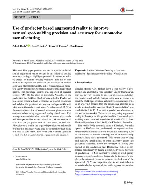Pdf Use Of Projector Based Augmented Reality To Improve Manual Spot Welding Precision And