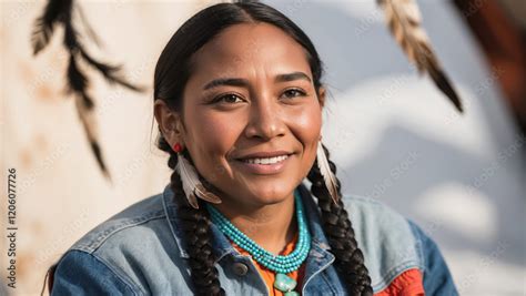 Native American Woman Smiling In Traditional Attire With Braids And