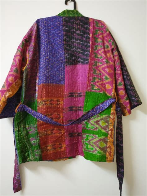 Vintage Silk Kantha Patchwork Winter Short Kimono Handmade Kantha Gown