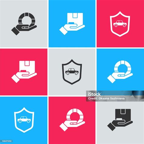 구명 부표를 손에 들고 배달 보험과 방패 아이콘이 있는 자동차를 설정합니다 벡터 개념에 대한 스톡 벡터 아트 및 기타 이미지 개념 교통수단 구명 기구 Istock