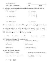 Precalculus Test Review Identities Simplification And Proofs Course Hero