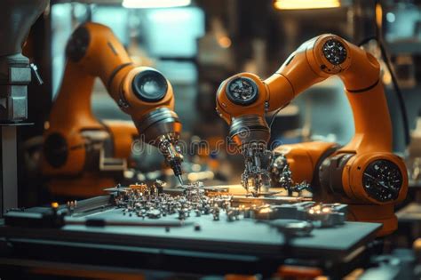 Industrial Robots Assembling Components In A Modern Manufacturing Facility During Daytime Stock