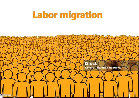 노동 이주 포스터 흰색 배경 수평 벡터 일러스트에 고립 된 오렌지 추상적 인 사람들의 군중 개념에 대한 스톡 벡터 아트 및 기타