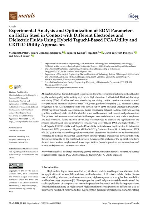 Pdf Experimental Analysis And Optimization Of Edm Parameters On Hchcr Steel In Context With