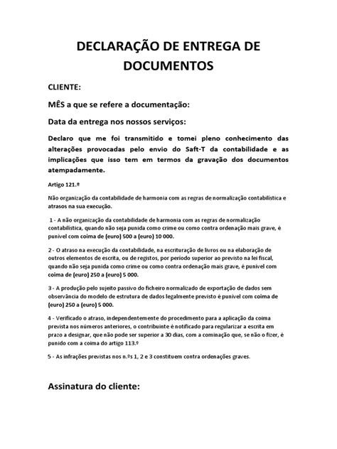 Declaração De Entrega De Documentos Pdf Finanças E Administração De