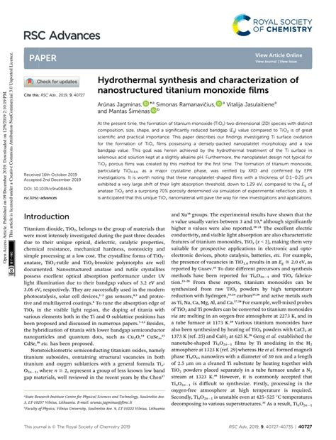 Pdf Hydrothermal Synthesis And Characterization Of Nanostructured