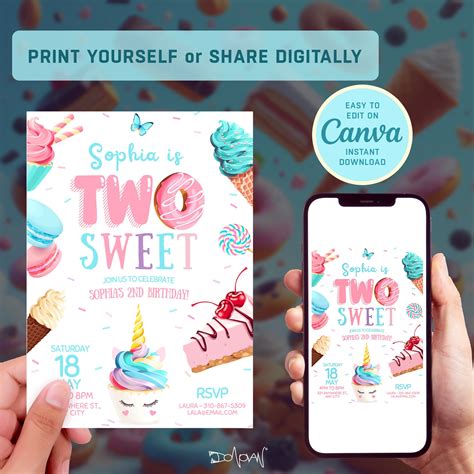 Editable Two Sweet Birthday Invitation Personalized 2nd Birthday