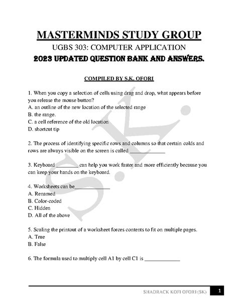 Computer Application Updated Question Bank And Answers SK MASTERMINDS STUDY GROUP UGBS