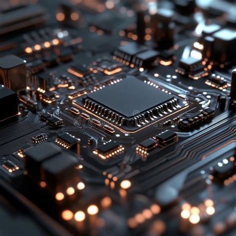 Close Up Of Advanced Microchip On Circuit Board With Glowing Connections In High Tech Setting