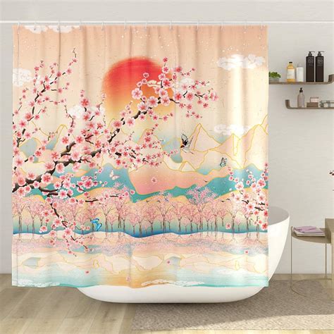 Japanese Shower Curtain Asian Art Mountain Shower Curtain Anime Cherry