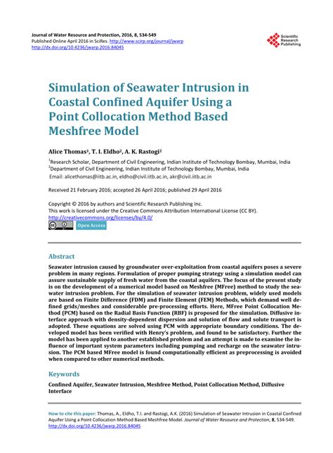 Pdf Simulation Of Seawater Intrusion In Coastal Confined Aquifer Using A Point Collocation