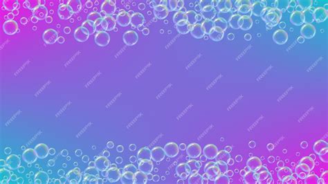 샴푸 거품과 세제 비누가 있는 거품 배경 최소한의 스프레이 및 스플래시 현실적인 물 프레임 및 테두리입니다 3d 벡터 일러스트 레이 션 레이아웃입니다 보라색 다채로운