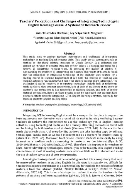 Pdf Teachers Perceptions And Challenges In Integrating Technology In English Reading Course