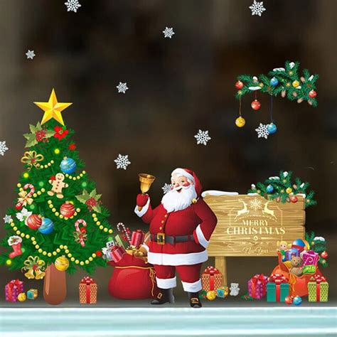 Badu Bg Коледна украса Стикери за стена Pvc Водоустойчив Дядо Коледа Коледна елха Хол Спалня