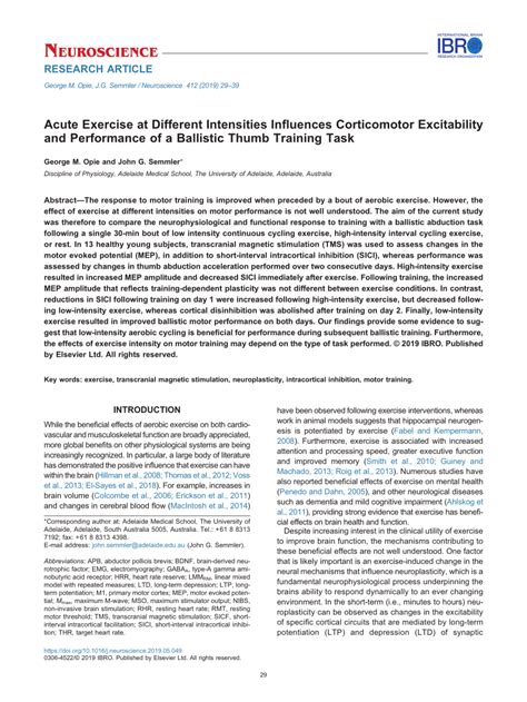 Pdf Acute Exercise At Different Intensities Influences Corticomotor Excitability And