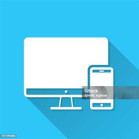 데스크톱 컴퓨터와 스마트폰 파란색 배경에 아이콘 긴 그림자가 있는 평면 디자인 3차원 형태에 대한 스톡 벡터 아트 및 기타