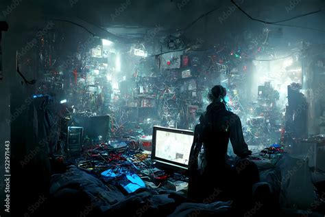 Messy And Dark Cyberpunk Hacker Hideout Room With Cyan Christmas Lights