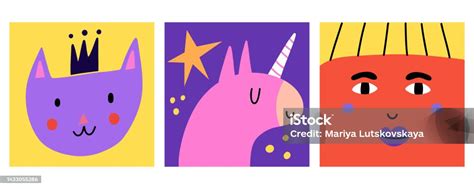 재미있는 만화 캐릭터 추상 사각형 일러스트 세트 낙서 해피 트렌디 한 아바타 미소 사람들 초상화 현대 기하학적 컬렉션 손으로 그린 벡터 유니콘 고양이와 얼굴 트렌디 한 인쇄