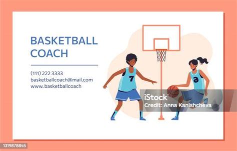 농구 코치 명함 디자인 공을 재생 여자와 플랫 디자인 개념 복숭아 배경에 격리 벡터 농구 팀 스포츠에 대한 스톡 벡터 아트 및