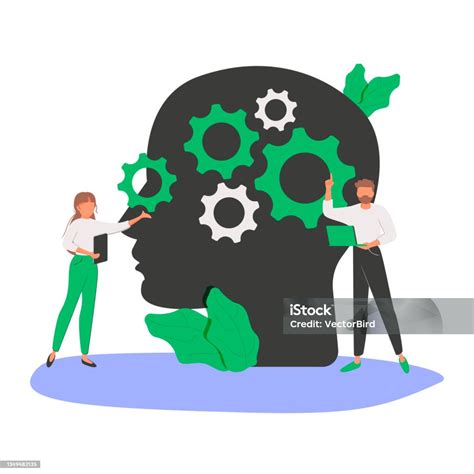 인지 과정과 심리적 마음 학습 과정 작은 사람 개념 내부 머리 생각 연구 및 정신 재활 전문 심리 치료 팀 벡터 일러스트에서