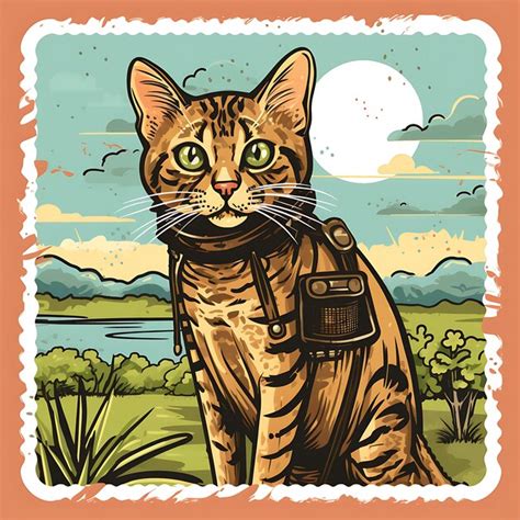 Timbre De Tarjeta Ocicat Gato Con Safari Explorador Vestido Mirando A Través De La Colección