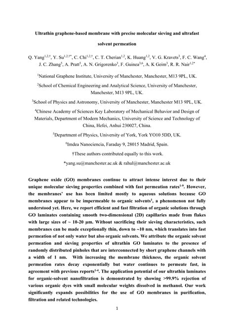PDF Ultrathin Graphene Based Membrane With Precise Molecular Sieving And Ultrafast Solvent