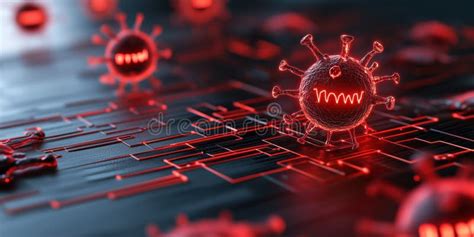 Red Virus Like Structures On Digital Circuit Board Symbolizing Cyberattack Stock Illustration