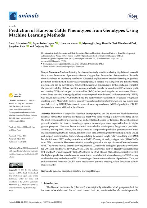 Pdf Prediction Of Hanwoo Cattle Phenotypes From Genotypes Using