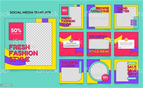 소셜 미디어 템플릿 배너 패션 판매 프로모션 복고풍 다채로운 색상 완전히 편집 가능한 정사각형 포스트 프레임 소셜 네트워킹에 대한 스톡 벡터 아트 및 기타 이미지 Istock
