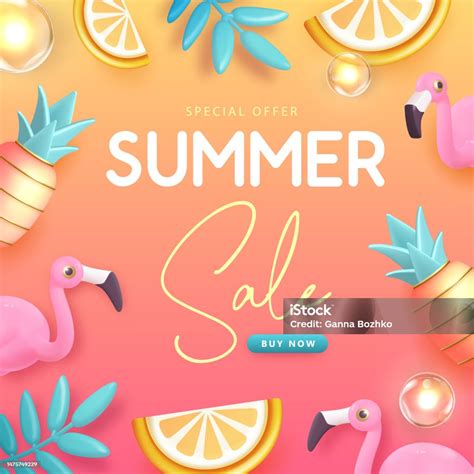 여름 큰 판매 타이포그래피 포스터 3d 플라스틱 플라밍고 열대 과일 및 파인애플 여름 배경입니다 벡터 그림 3차원 형태에 대한