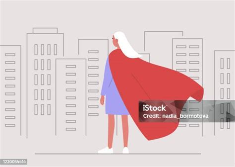 슈퍼 히어로 개념 일러스트 빨간 망토를 입고 젊은 여성 캐릭터 용기 개념에 대한 스톡 벡터 아트 및 기타 이미지 용기 개념 슈퍼히어로 여자 Istock