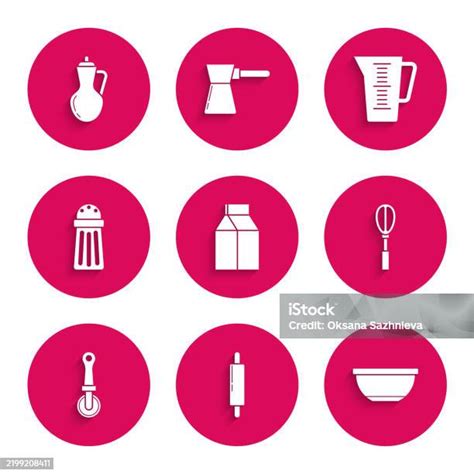 우유 롤링 핀 그릇 부엌 거품기 피자 나이프 소금 측정 컵 및 올리브 오일 병 아이콘을위한 종이 패키지 세트 벡터 그릇에 대한 스톡 벡터 아트 및 기타 이미지 Istock