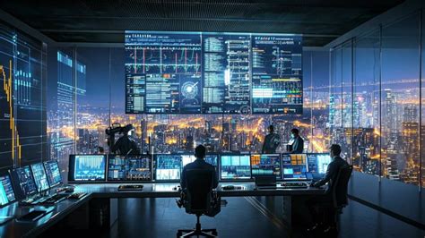 businesspeople monitoring data on multiple screens in a modern office